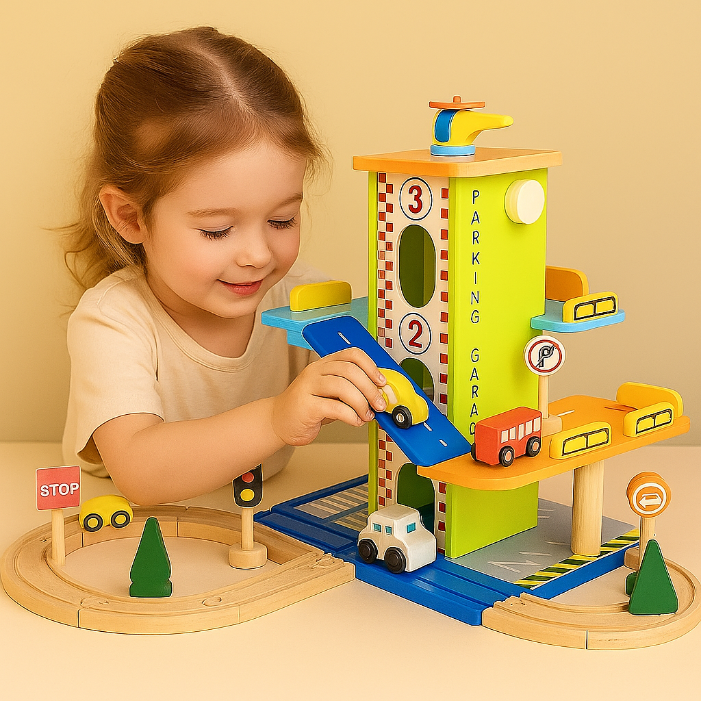 Set di gioco in legno Garage per auto giocattolo con rampa e pista ...